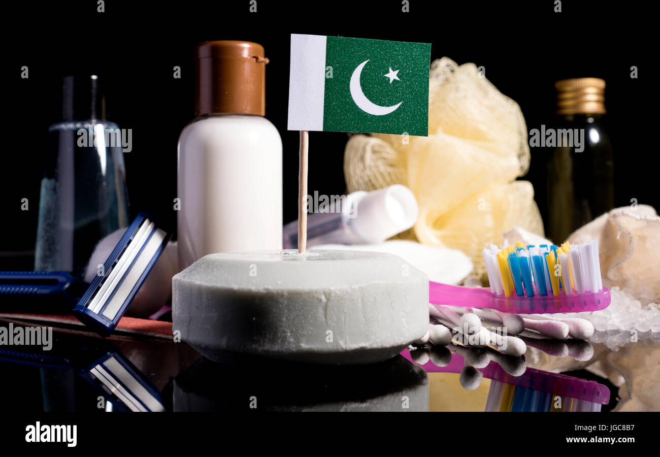 Pakistani flag in the soap with all the products for the people hygiene ...