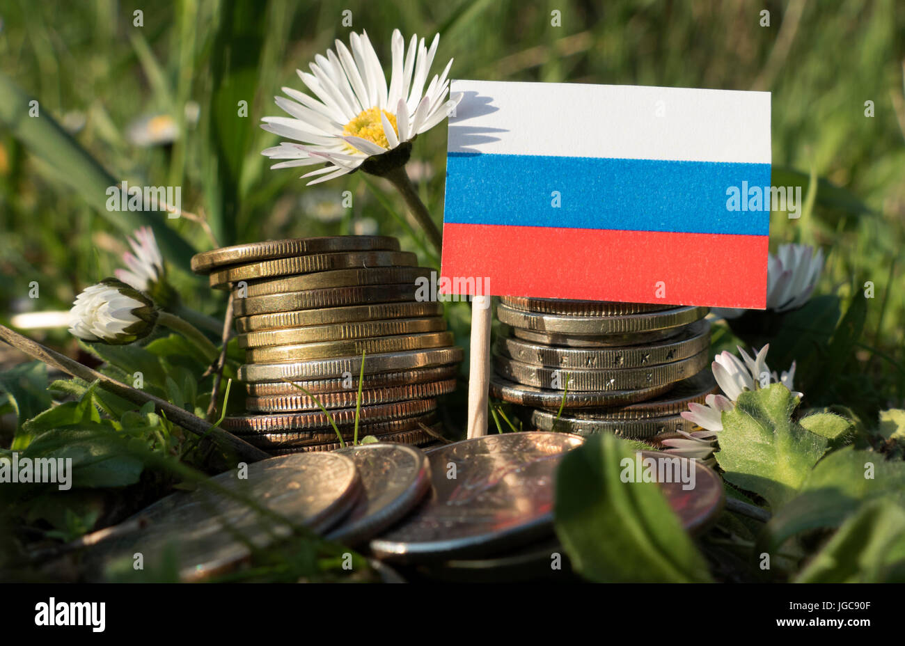 Russian flag with stack of money coins with grass and flowers Stock ...