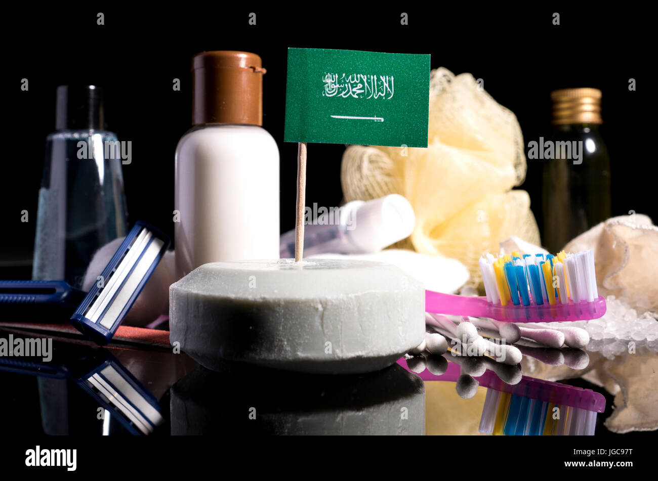 Saudi Arabian flag in the soap with all the products for the people ...