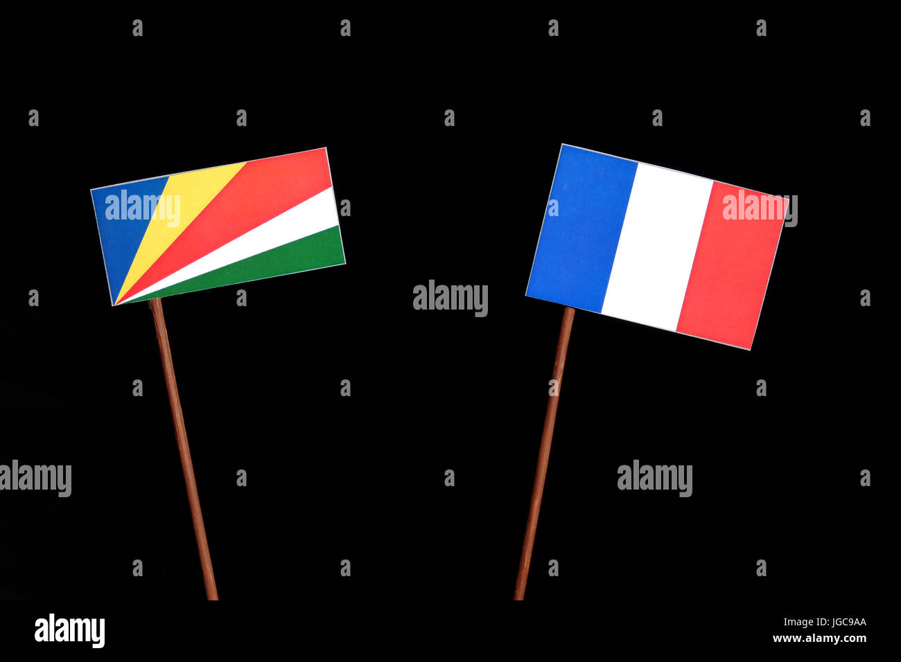 Seychelles flag with French flag isolated on black background Stock ...