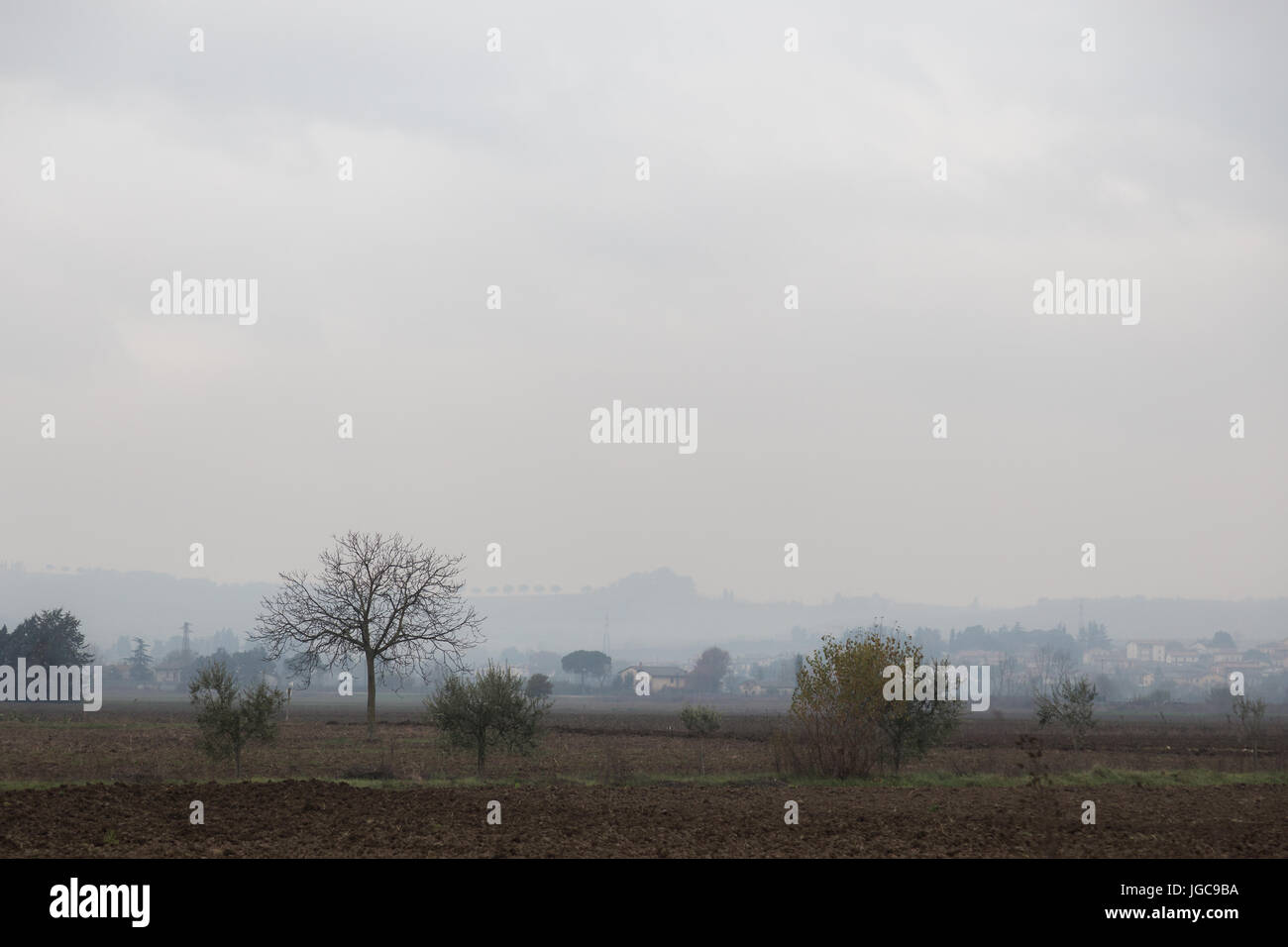 A country view in autumn / winter, with some trees and distant houses ...