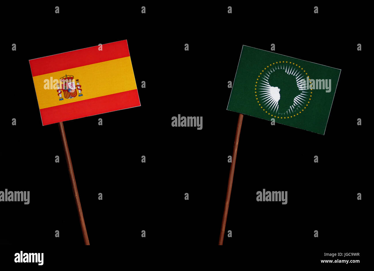 Spanish flag with African Union flag isolated on black background Stock ...