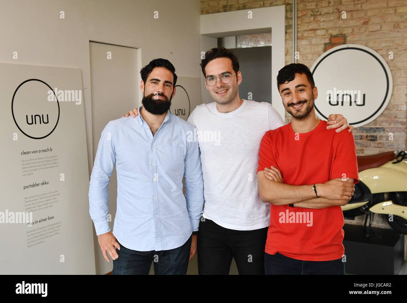 Founder of motor start-up Unu, Mathieu Caudal (L-R Co-founder, Growth), Pascal Blum (Co-founder ...