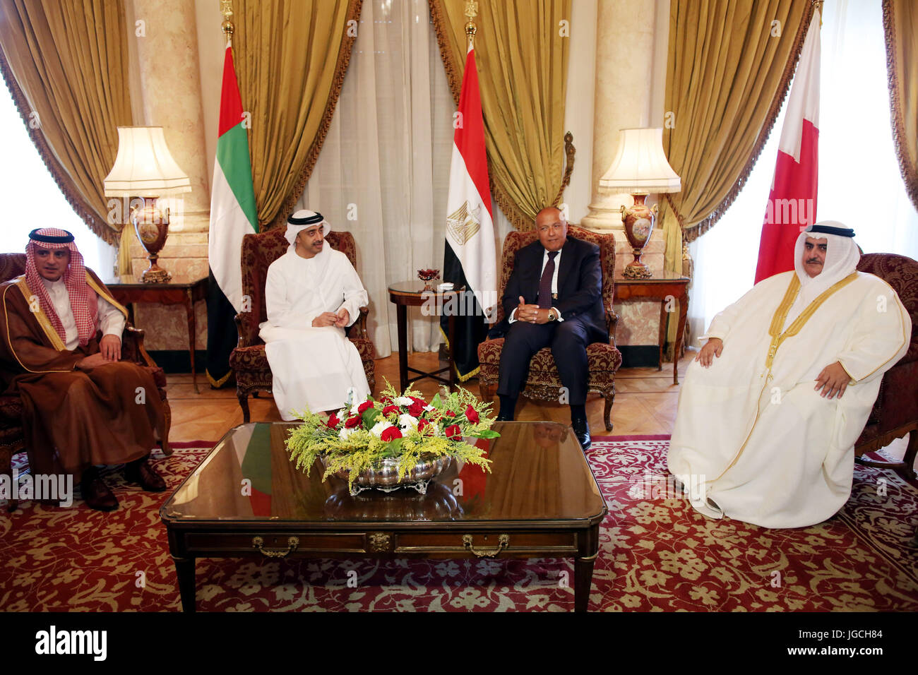 Cairo, Egypt. 5th July, 2017. Egyptian Foreign Minister Sameh Shoukry (2nd R) meets with Saudi ...