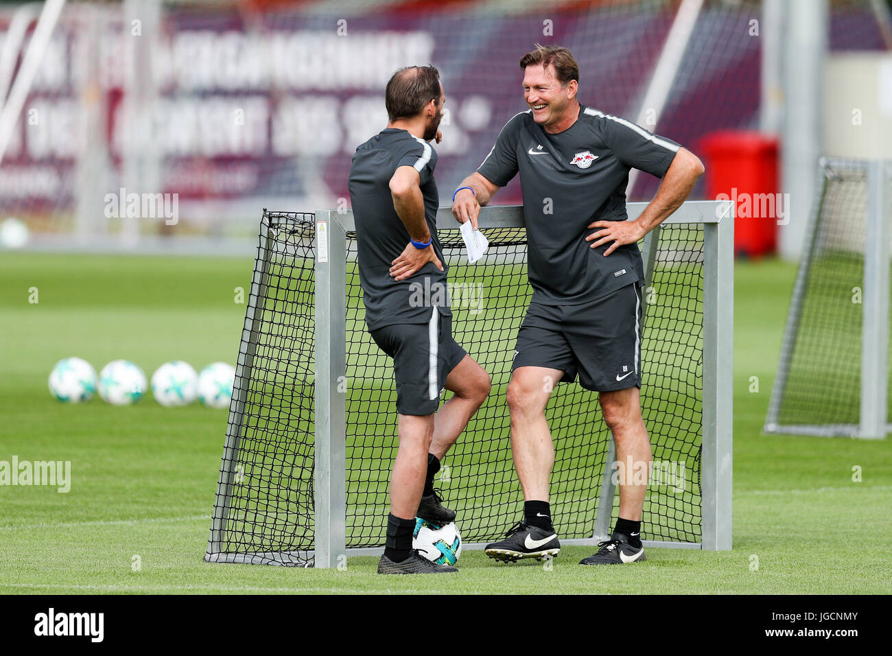 Leipzig, Germany. 6th July, 2017. Coach Ralph Hasenhuettl (r) and ...