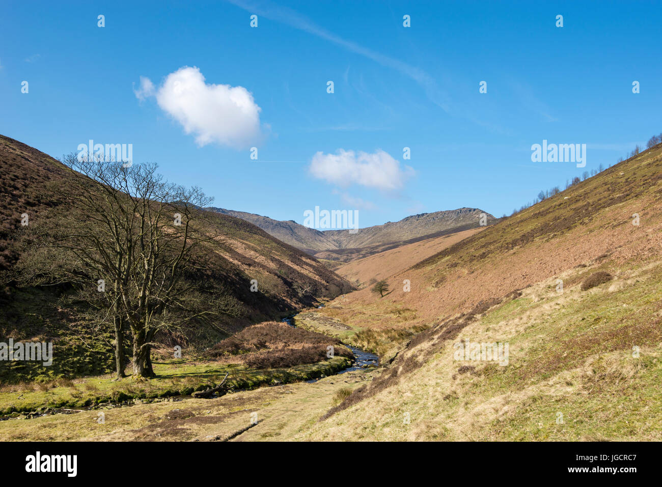 Walk along the stream at Fairbrook in the Peak District. View to ...