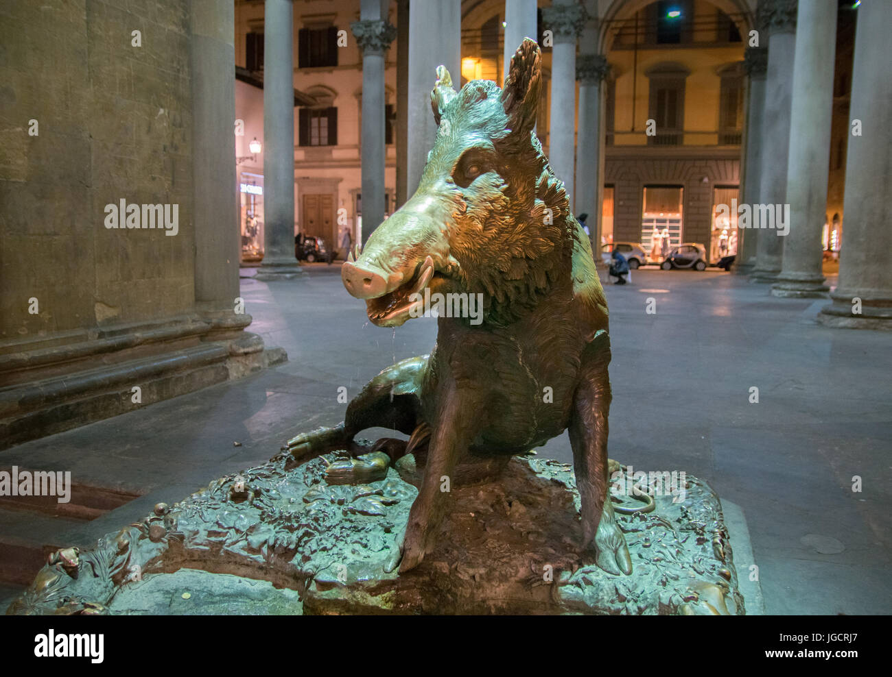 Wild Boar Statue on the New Market Square in Florence at Night, Italy ...