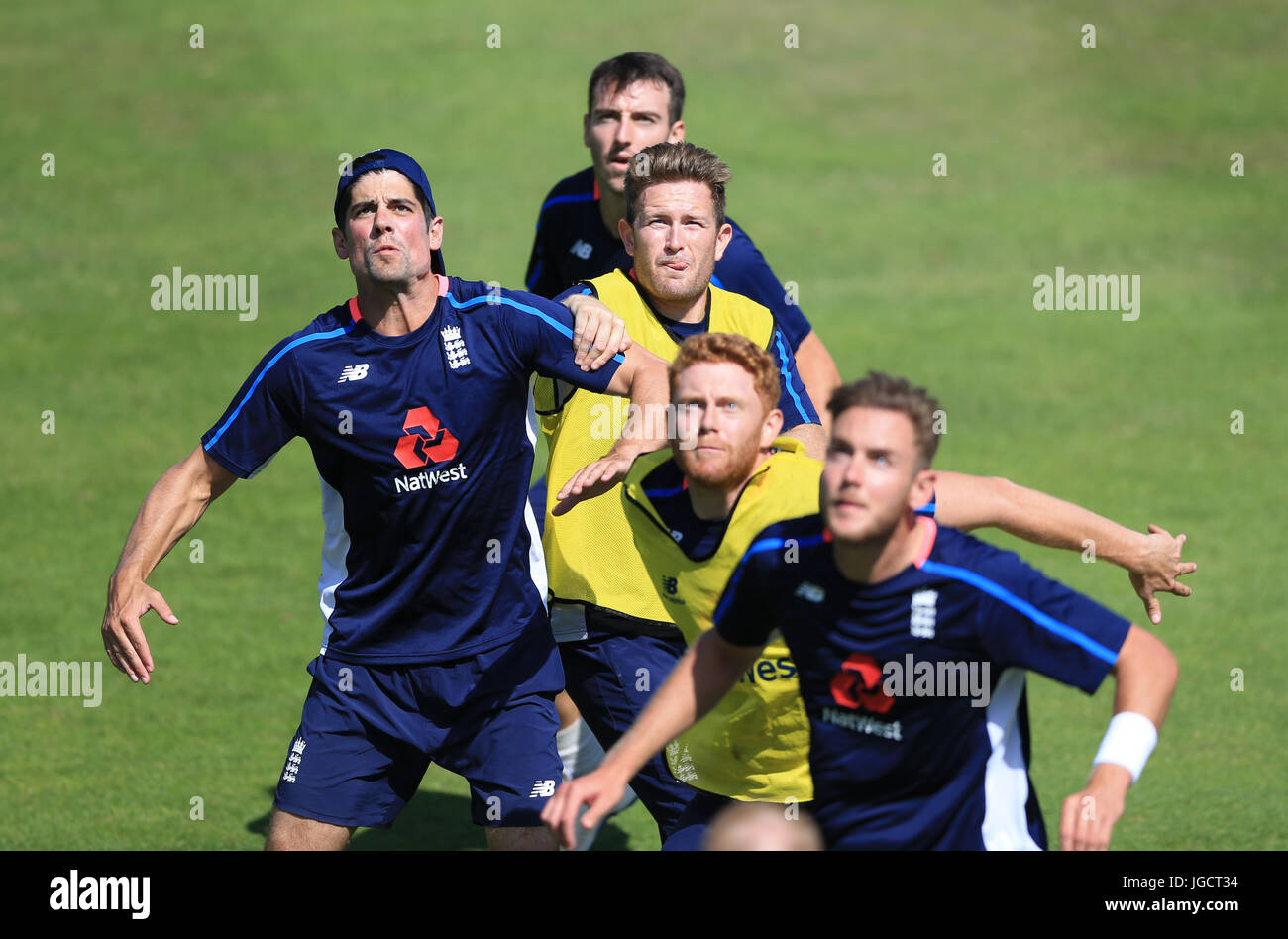 England players Alastair Cook (left), Toby Rowland-Jones (back), Liam ...