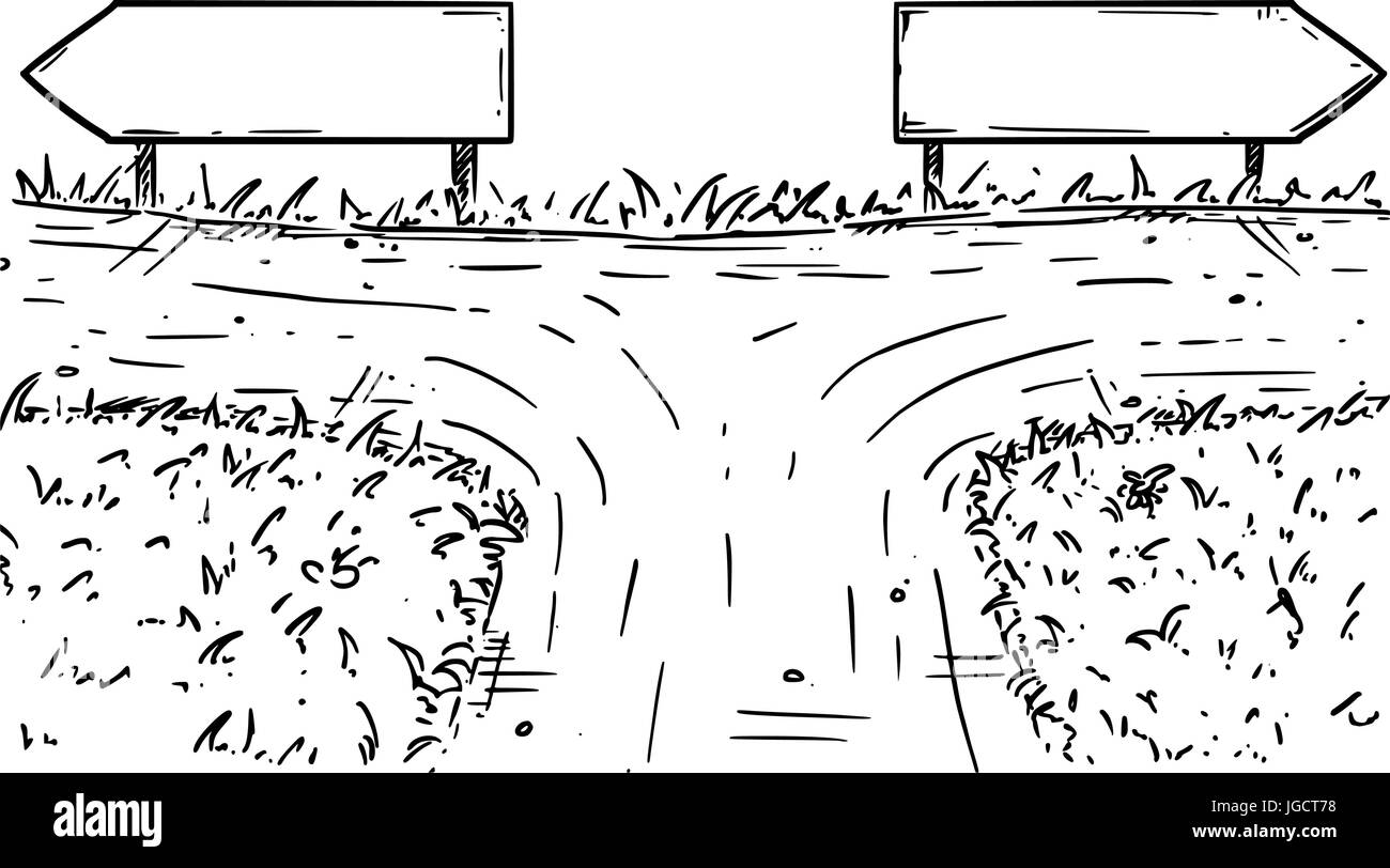 Vector cartoon doodle hand drawn crossroad with two direction sign ...