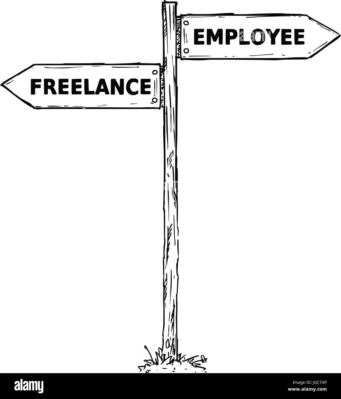 Vector cartoon doodle hand drawn crossroad wooden direction sign with ...