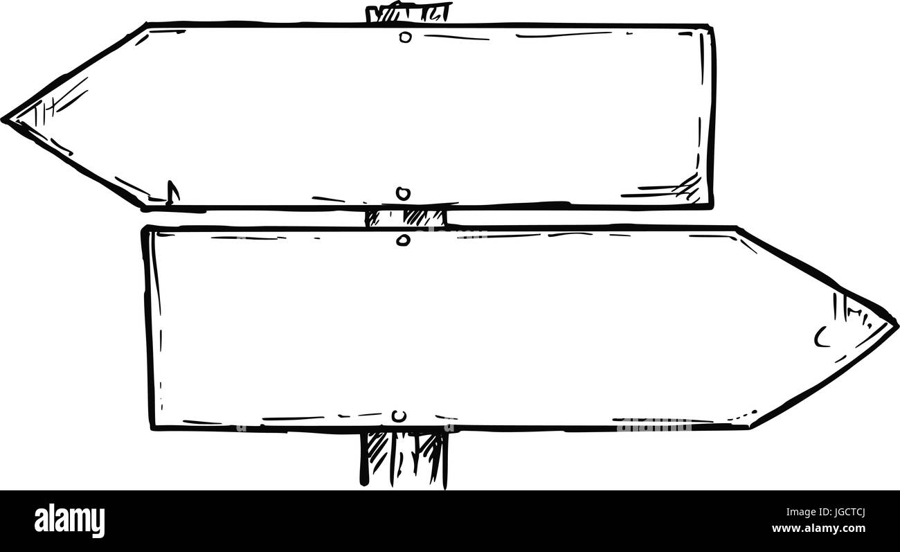 Vector cartoon doodle hand drawn crossroad wooden direction sign with ...