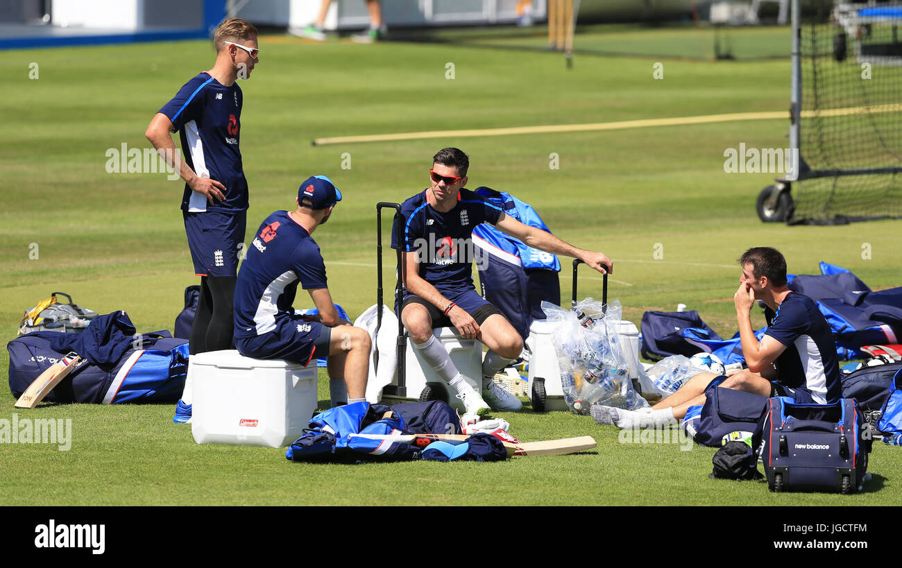 England's bowlers Stuart Broad (left), Mark Wood (second left), James ...