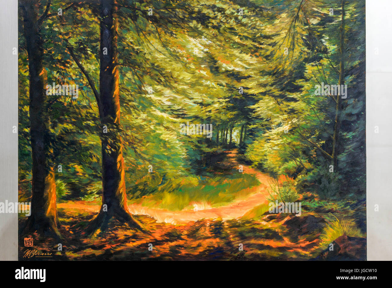 Painting of nature forest trees jungle path river Stock Photo - Alamy