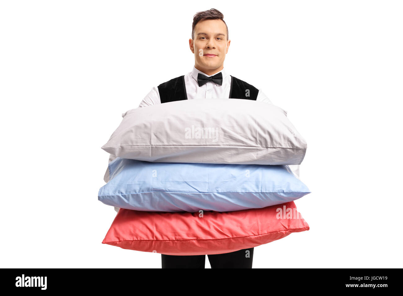 Butler with pillows isolated on white background Stock Photo - Alamy
