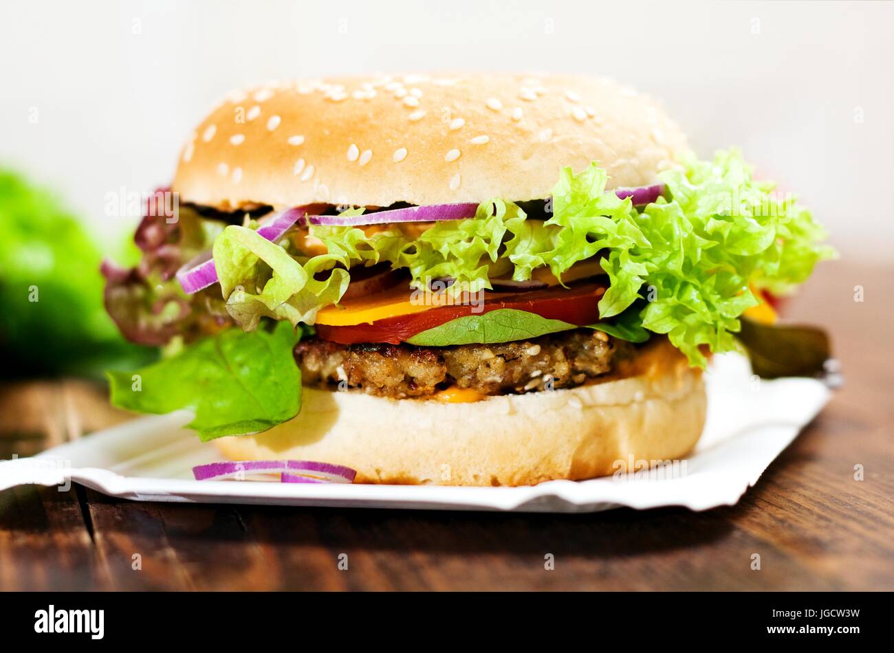 Fresh vegetarian cheeseburger with hazelnut mushroom patty Stock Photo ...