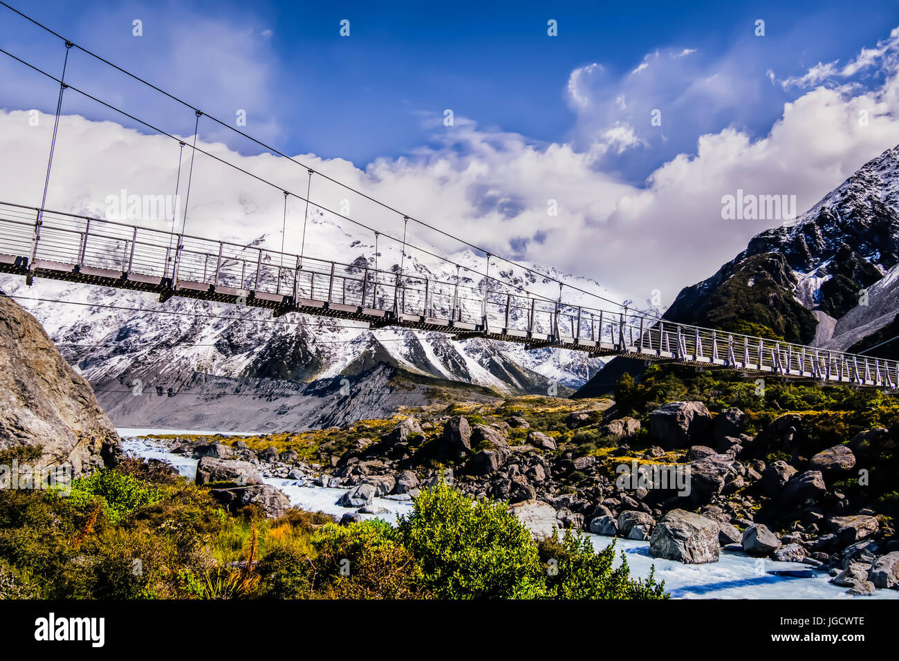 Pedestrian bridge over the river, Mount Cook National Park, Canterbury ...