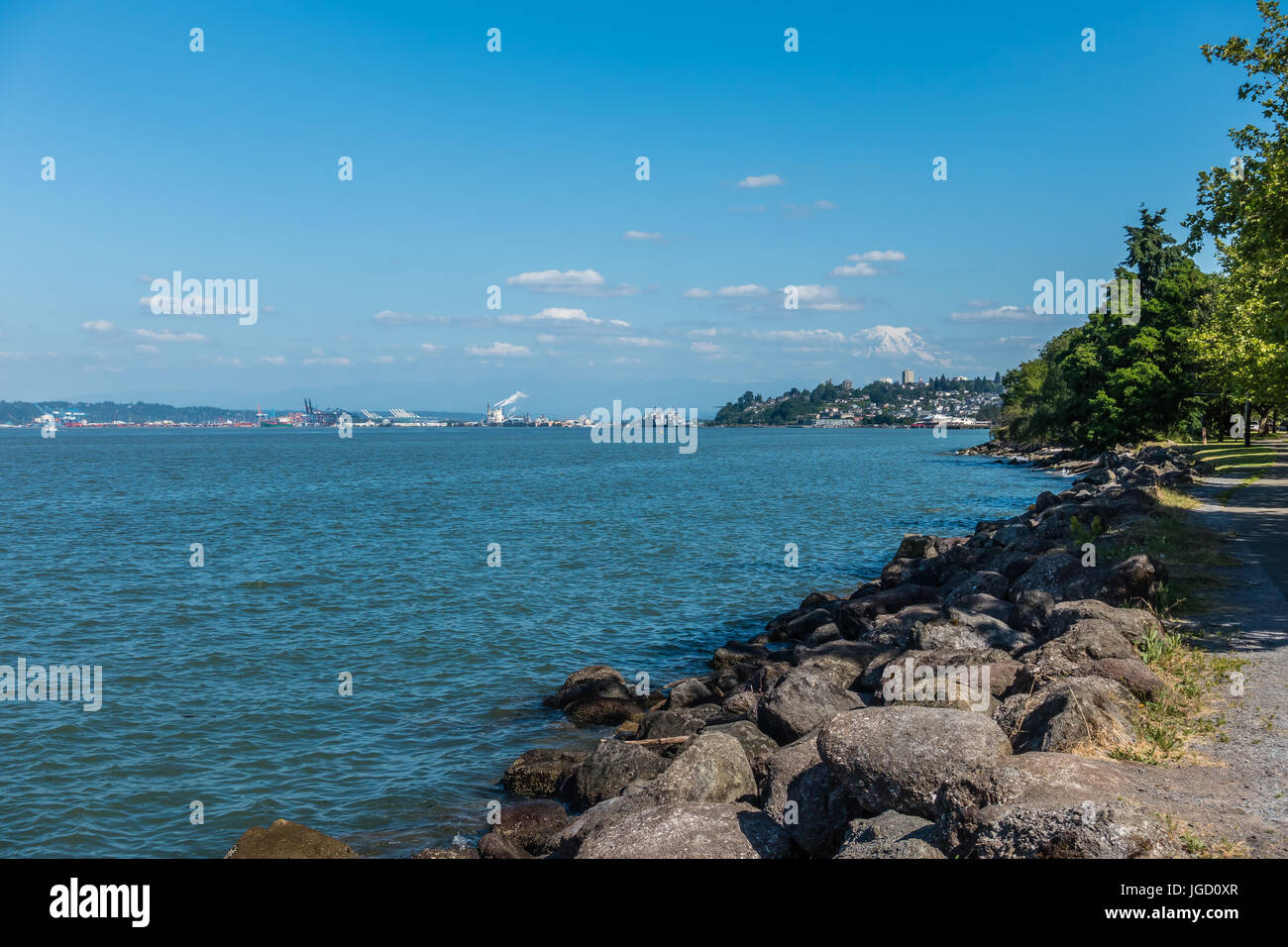 A view of the shoreline in Ruston, Washington. Mount Rainier is inthe ...