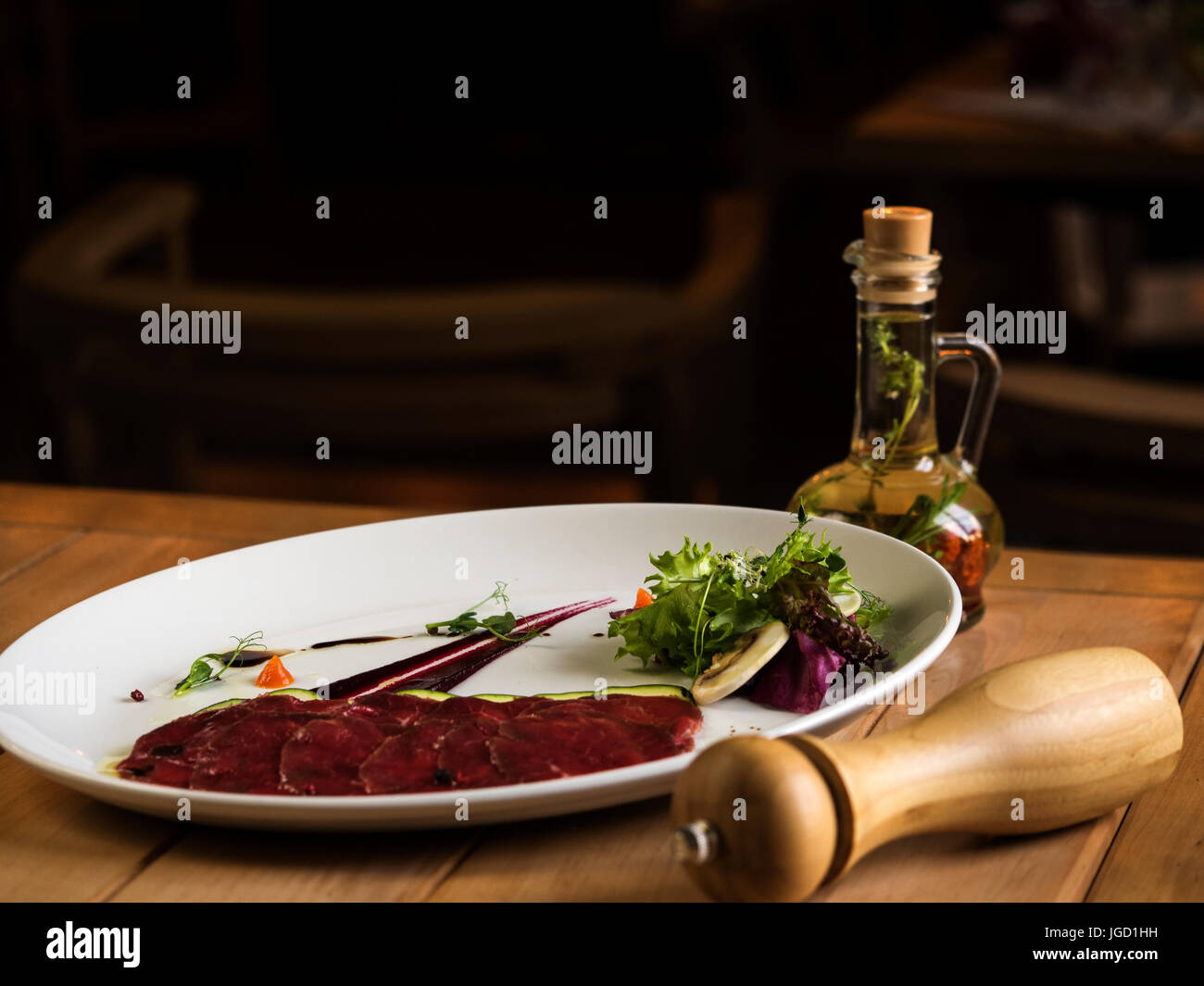 Meat Carpaccio with Salad from fresh vegetables. Selective focus Stock ...
