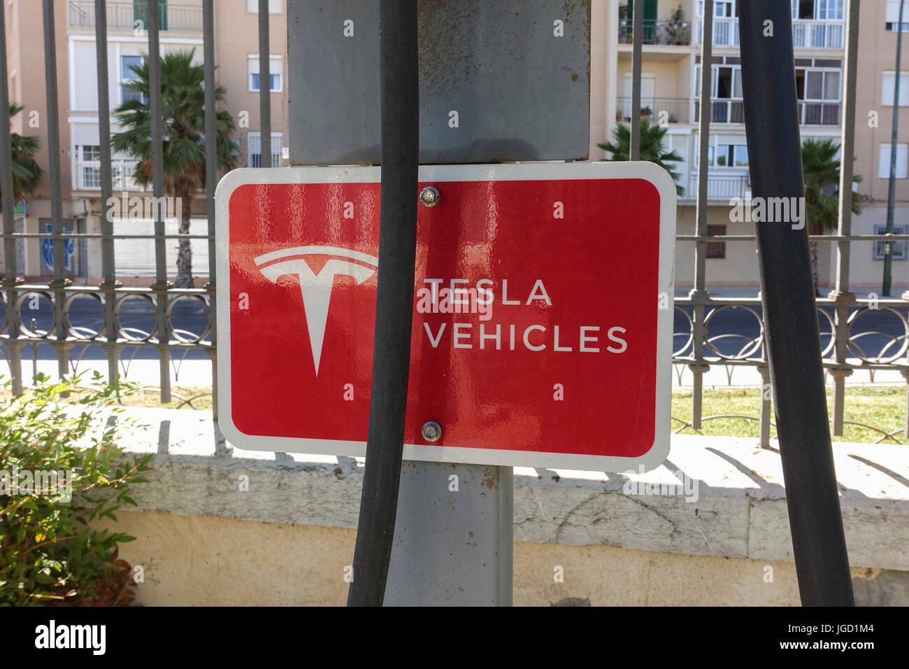 Sign, Signage at Tesla parking, charging station. Malaga, Spain Stock ...