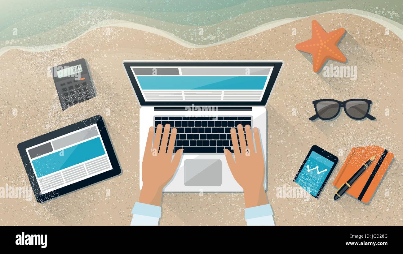 Businessman working during vacations, he is connecting with his laptop ...