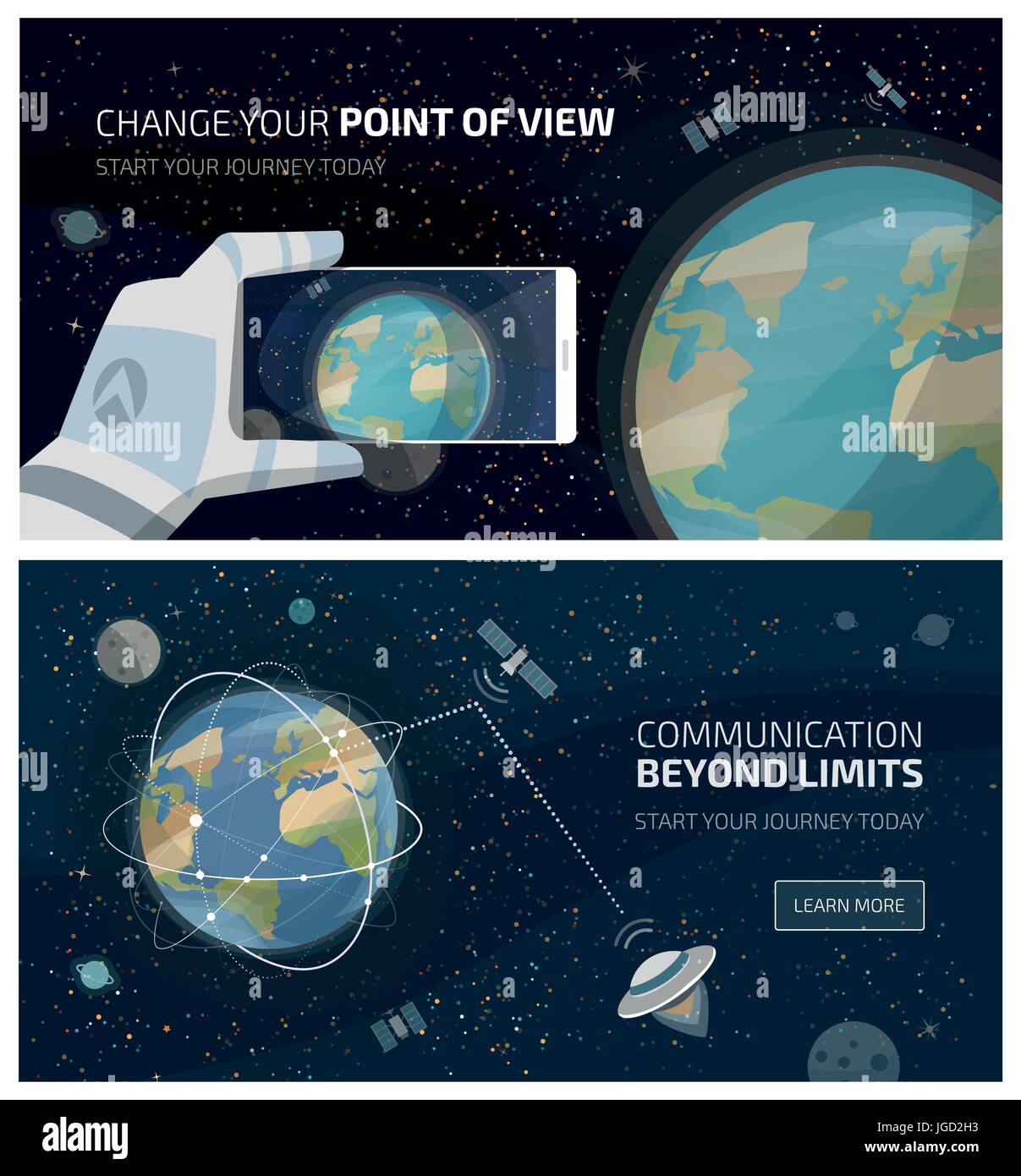 View of earth from space with satellites and astronaut taking a picture ...