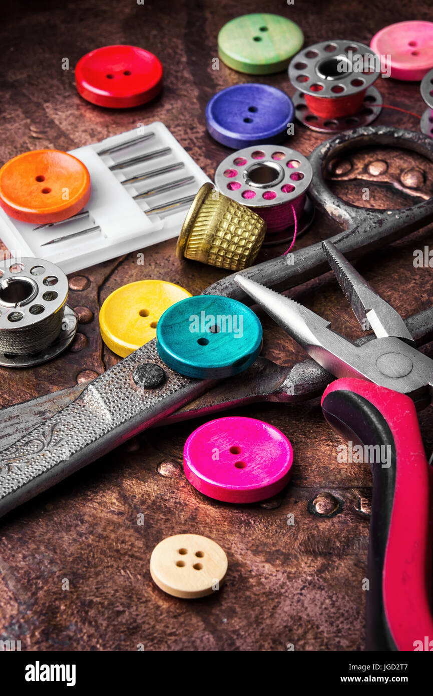 Collection of colourful sewing retro buttons and threads Stock Photo ...