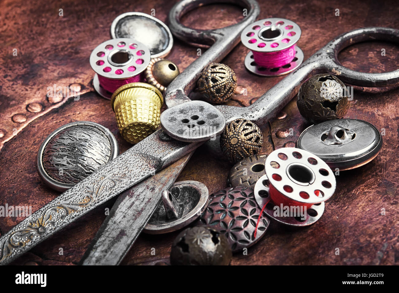 Collection of colourful sewing retro buttons and threads Stock Photo ...