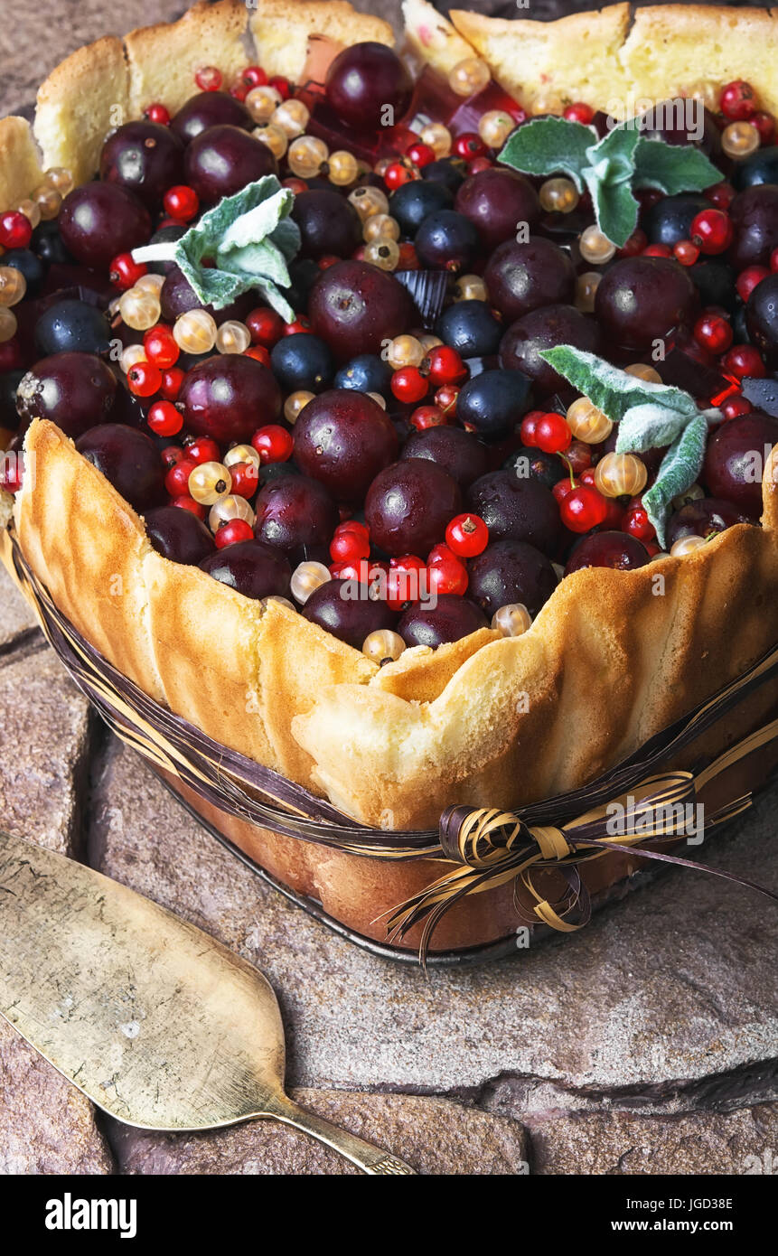 Delicious rustic berry summer pie. Pie with cherry, currant, raspberry ...