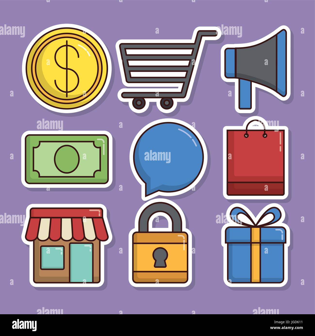 shopping related icons over purple background colorful design vector ...