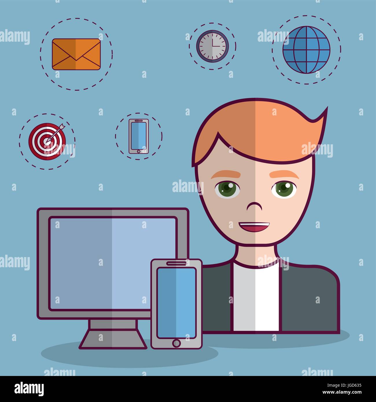 man with digital marketing related icons over background colorful ...