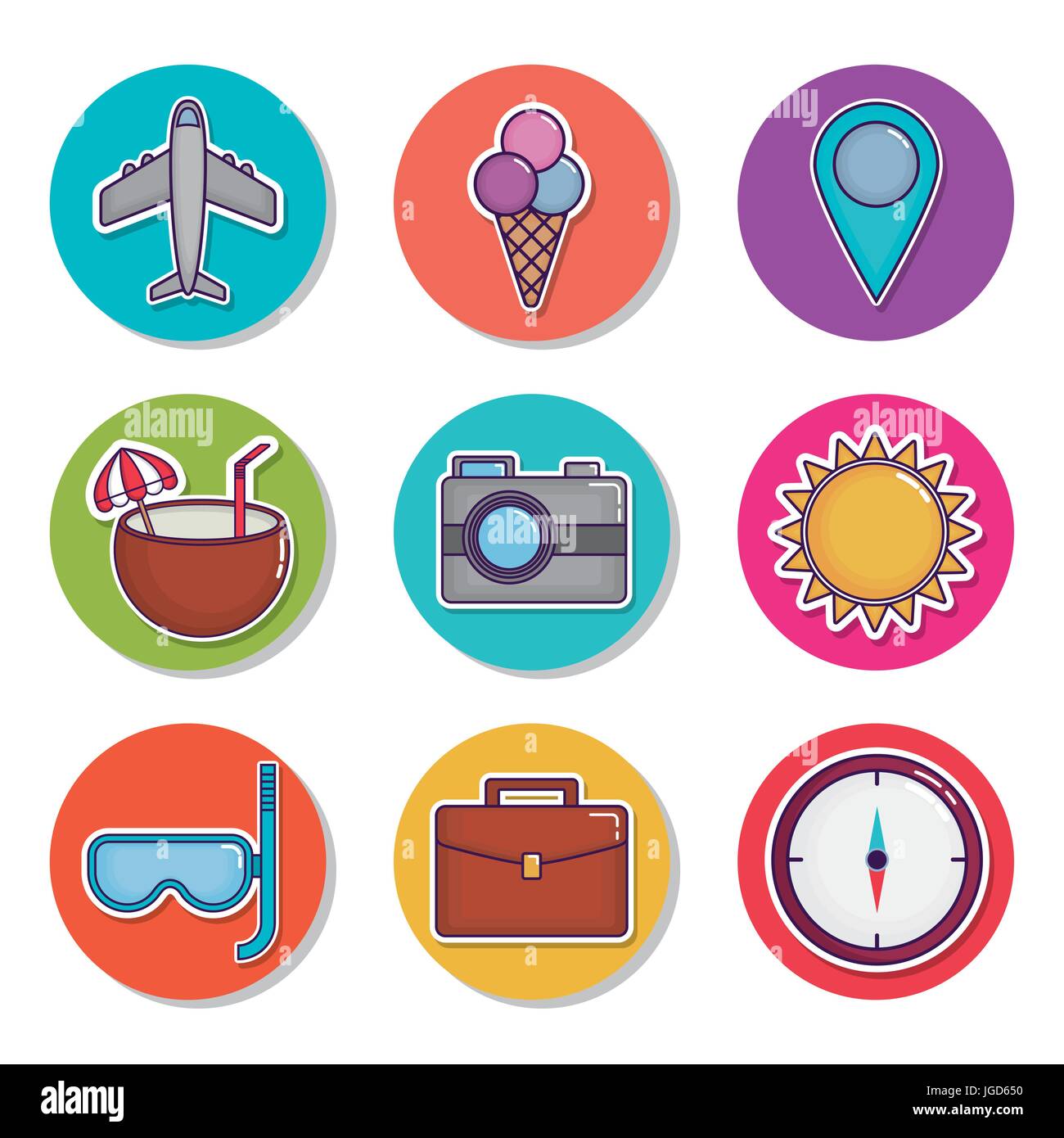 travel time related icons over colorful circles and white background ...