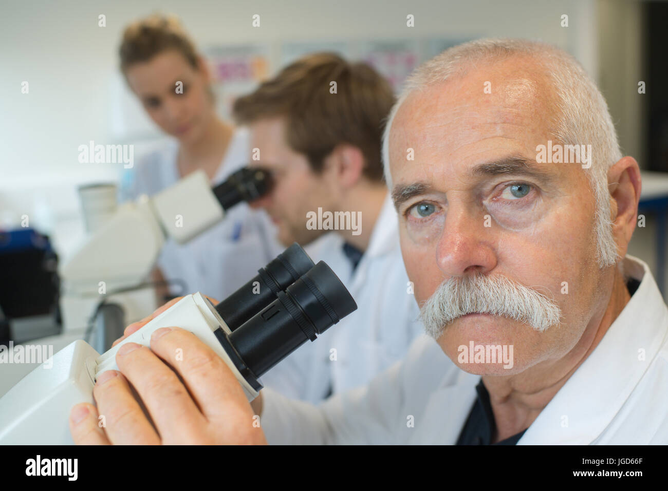 senior head scientist microscoping in the life science research ...