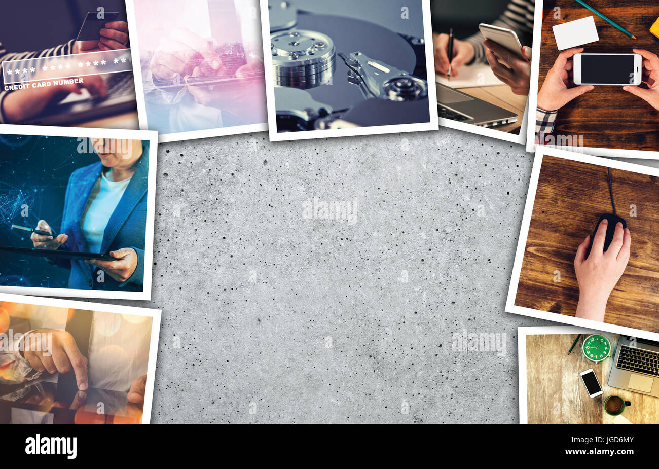 Business and entrepreneurship photo collage over gray concrete ...