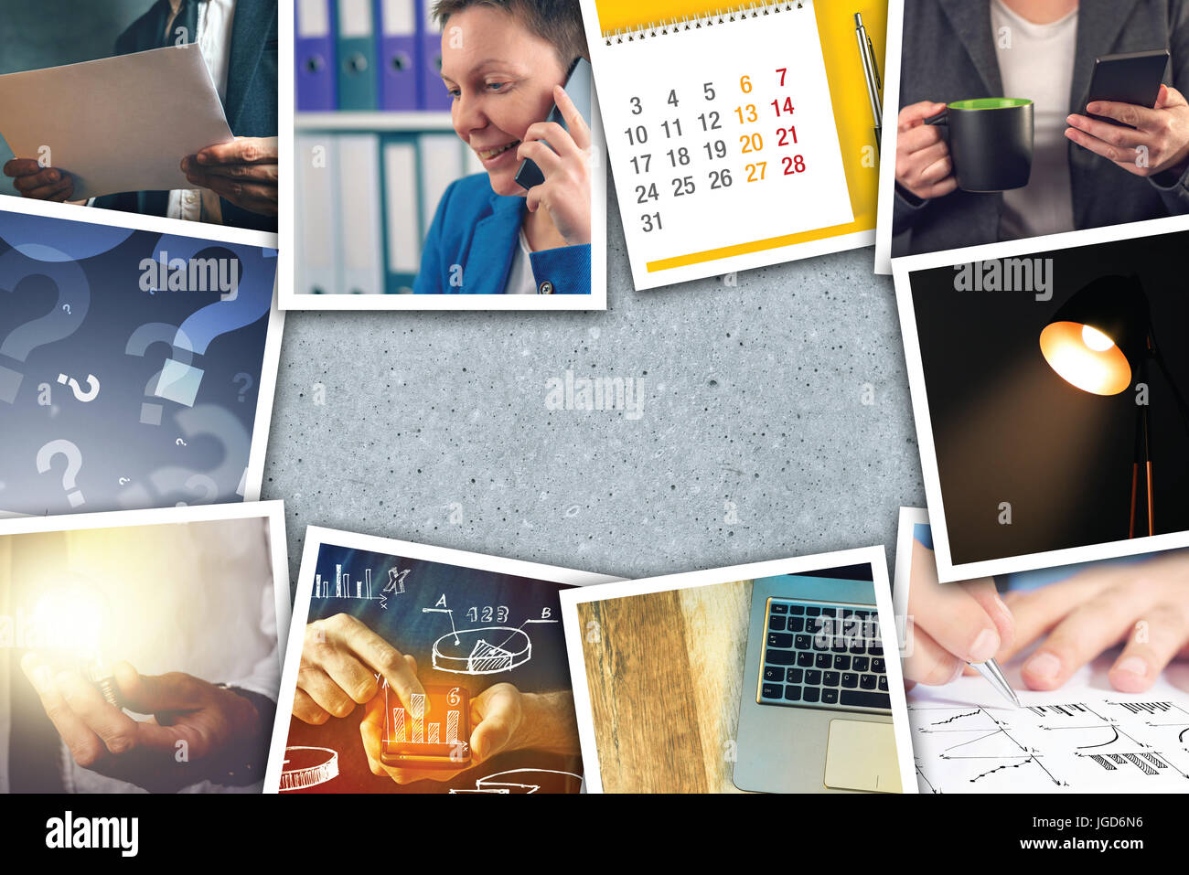 Business and entrepreneurship photo collage over gray concrete ...