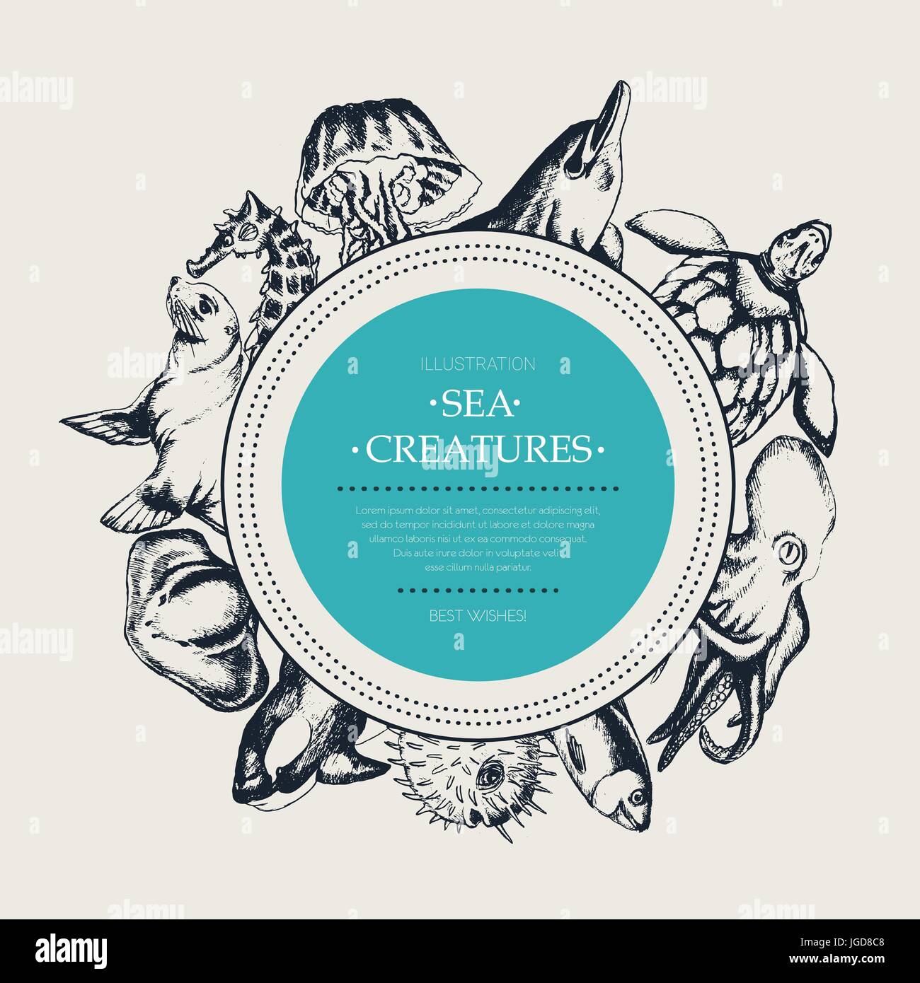 Sea Creatures - modern vector hand drawn round banner template with ...