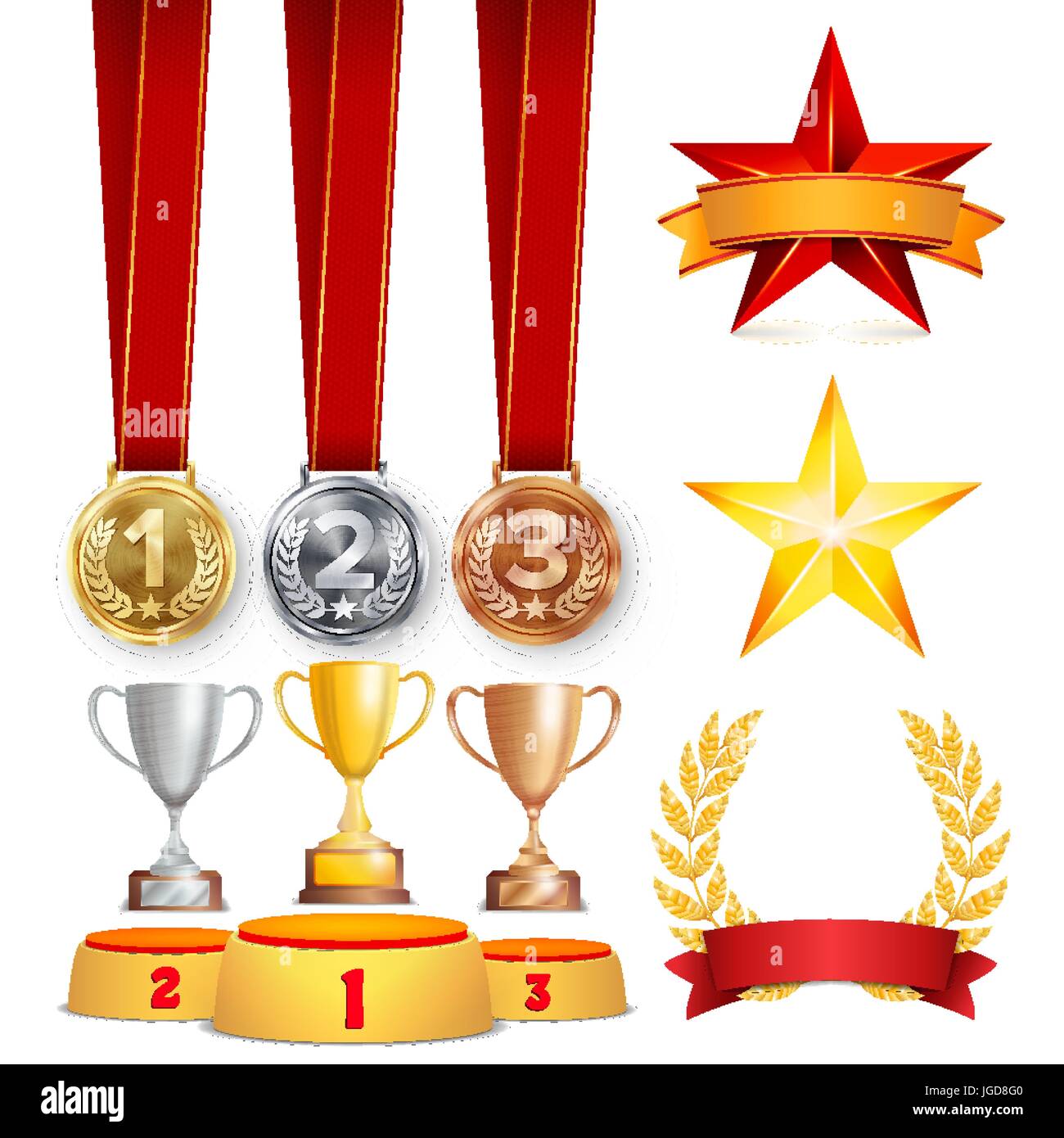 Trophy Awards Cups, Golden Laurel Wreath With Red Ribbon And Gold ...