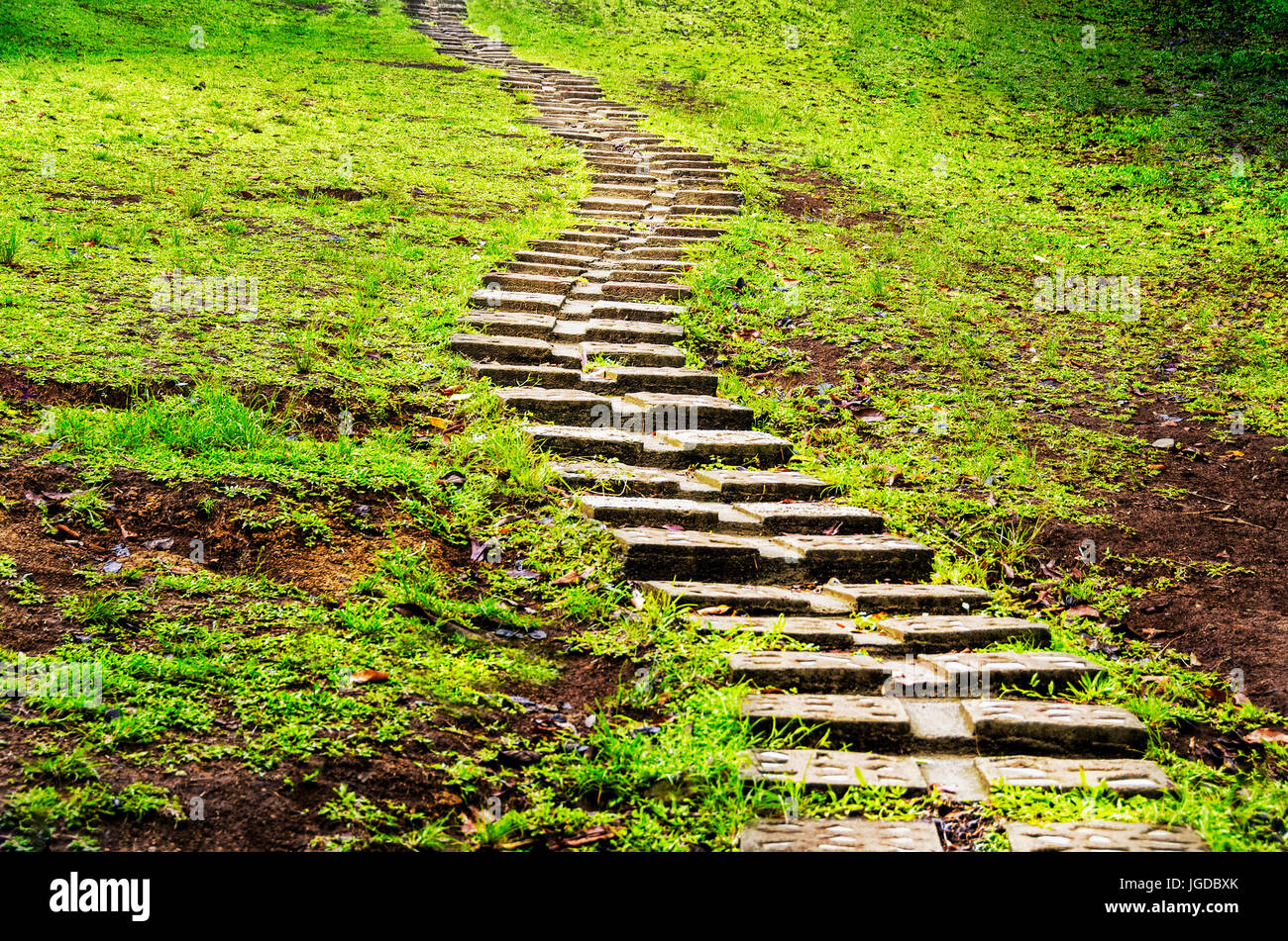 Concrete foot path in the middle of a grassy, sloping terrain Stock ...