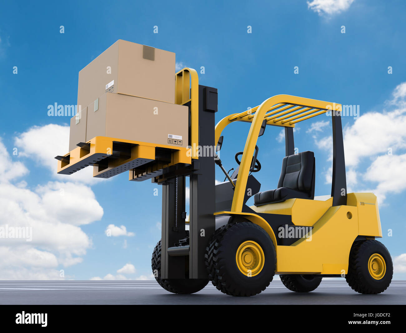 3d rendering forklift truck lifting with cardboard boxes Stock Photo ...