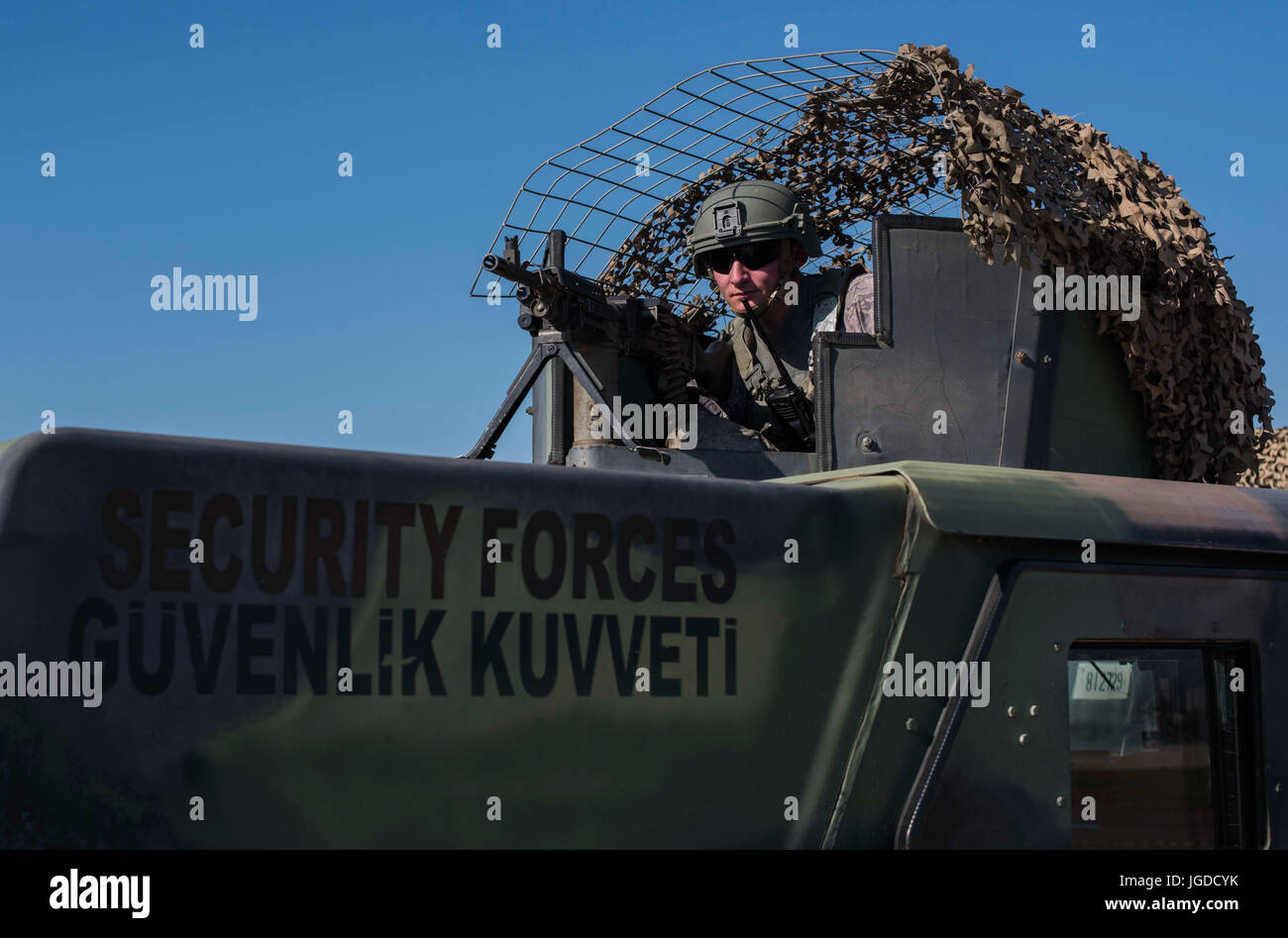 Airmen from the 39th Security Forces Squadron use a Humvee-mounted ...