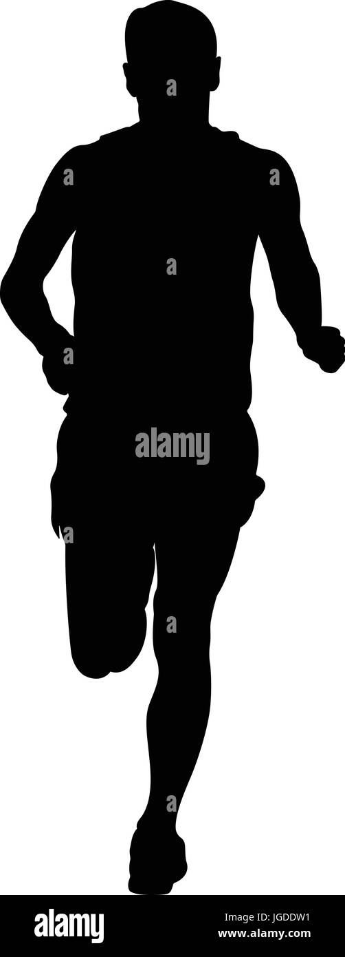 Male runner athlete running front view black silhouette Black and White ...