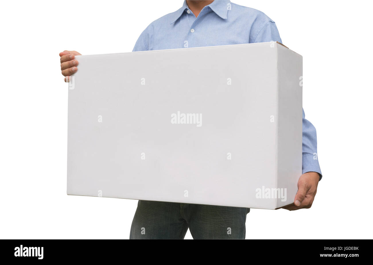Business man carrying a white box isolated on white background Stock ...