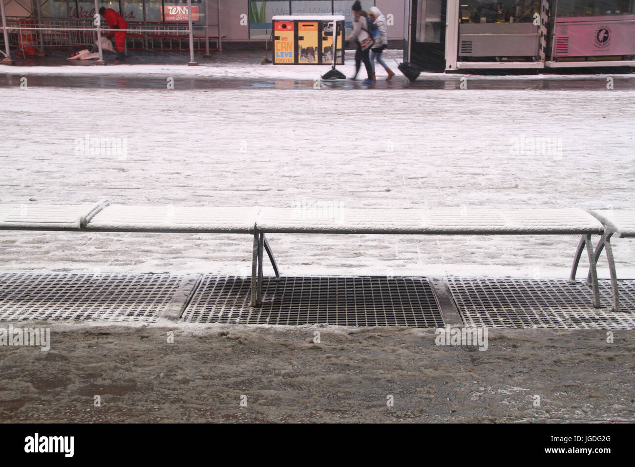 Bench covered, Times Square, New York, United States Stock Photo - Alamy