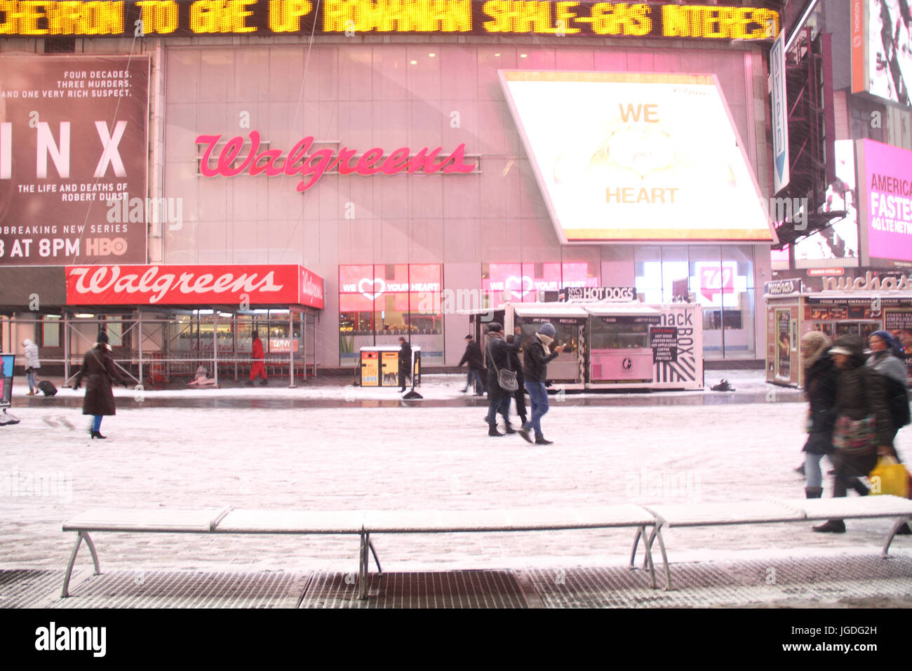 Bench covered, Times Square, New York, United States Stock Photo - Alamy