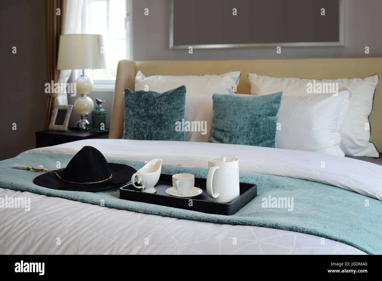 black tray of tea set in classic style bedroom at home Stock Photo - Alamy