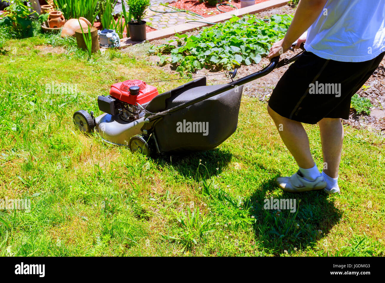 Man mowing the lawn with blue lawnmower in summertime - closeup Stock ...