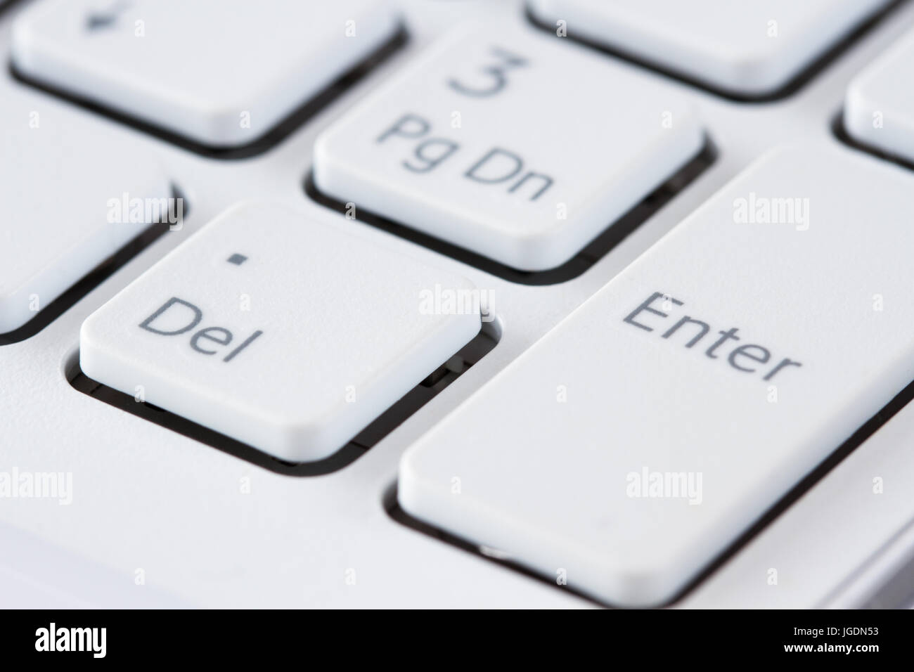 Closeup of a white, grey laptop computer keyboard. Focus on Enter key ...