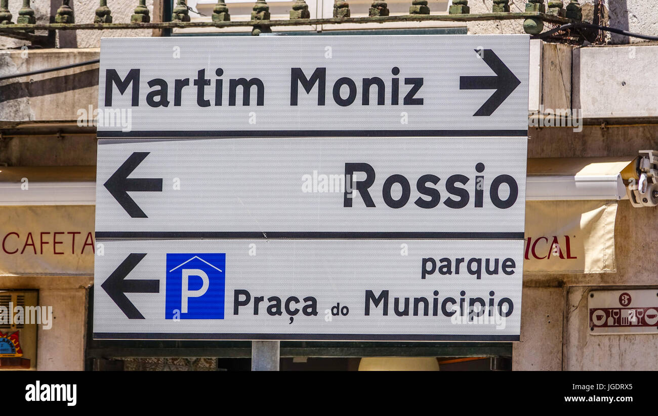 Direction signs in Lisbon leading to Rossio and Martim Moniz - LISBON ...