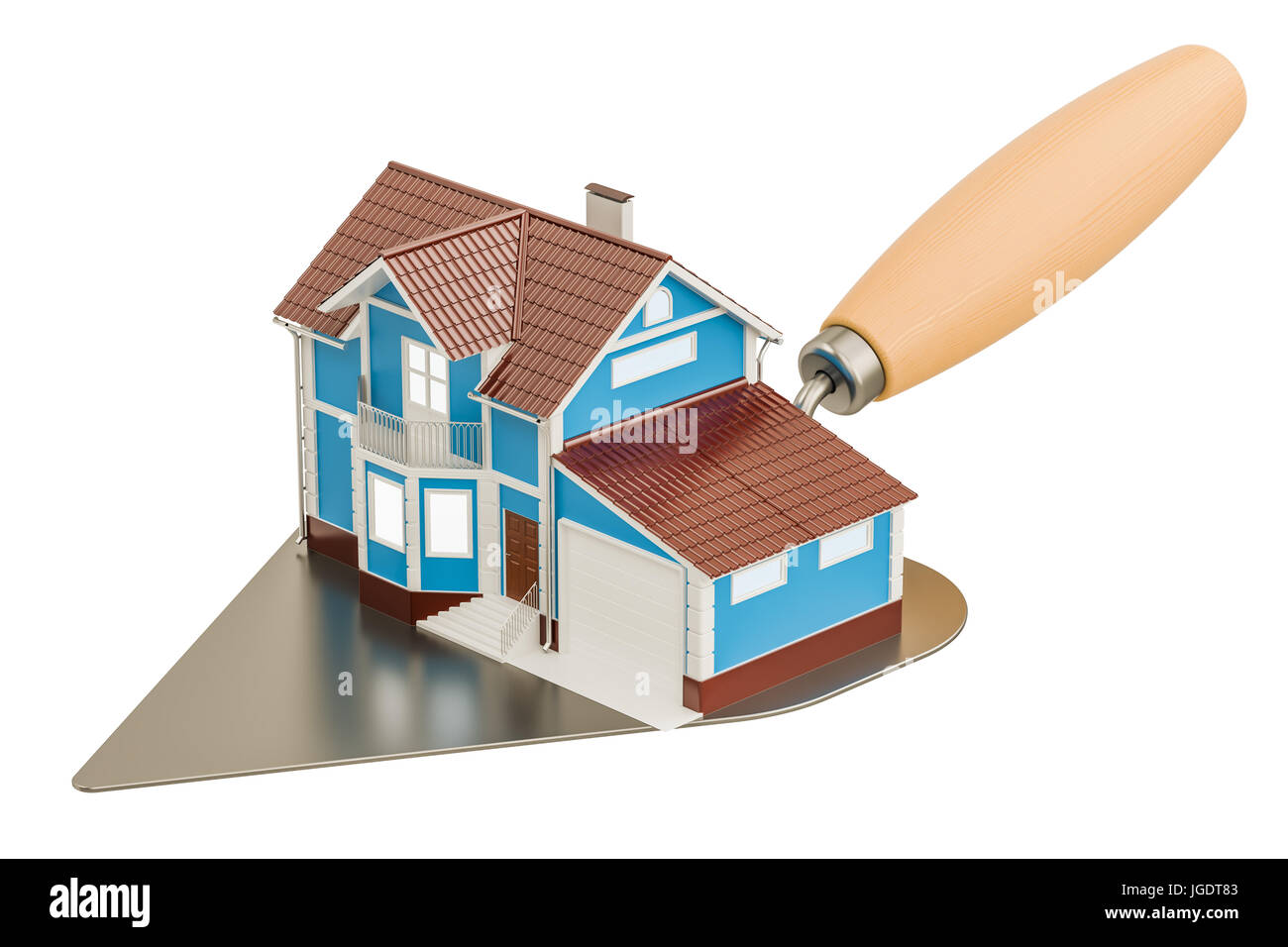 masonry trowel with house, construction concept. 3D rendering isolated ...