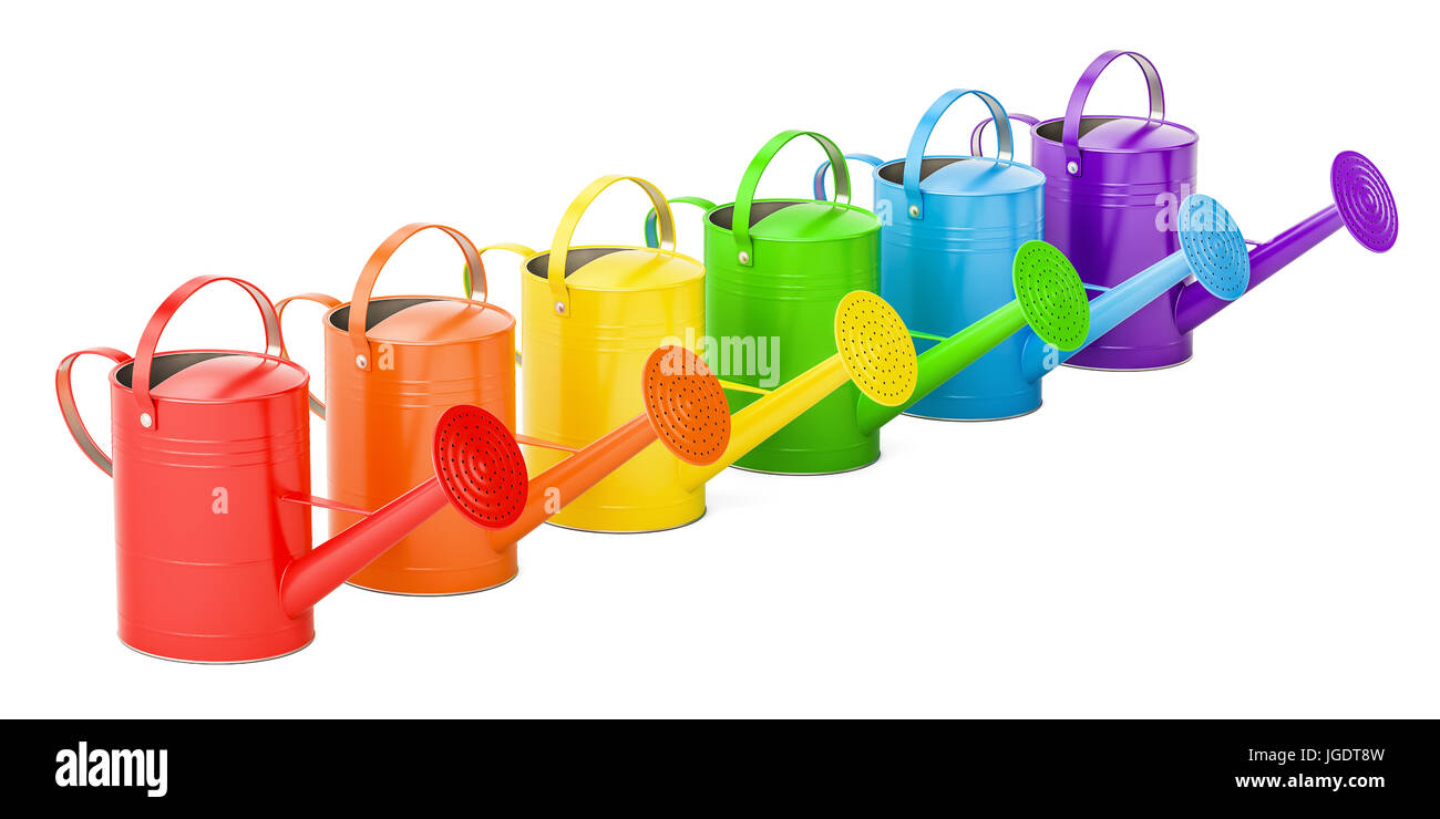 Set of colored watering cans, 3D rendering isolated on white background ...
