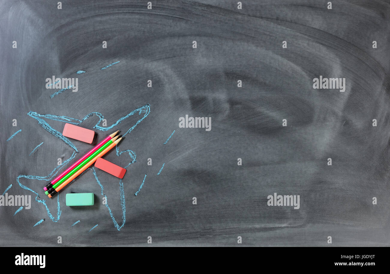 Back to school chalkboard with airplane consisting of pencils and ...
